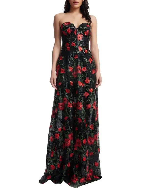 Dress The Population Daven Floral Print Sequin Gown - Rouge Multi