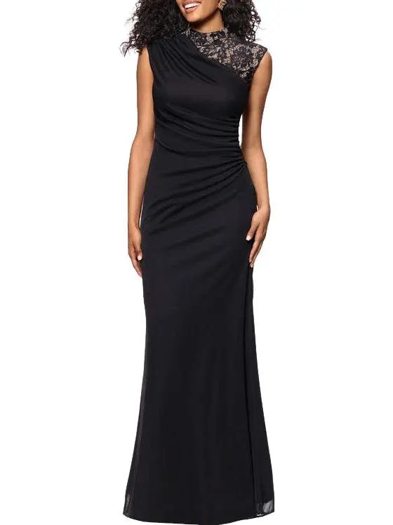 Betsy & Adam Lace Trim Asymmetric Ruched Gown - Black/nude