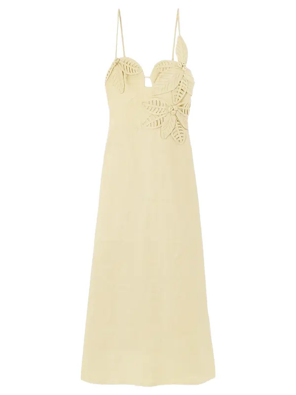 Farm Rio Appliquéd Linen Midi Dress - Yellow