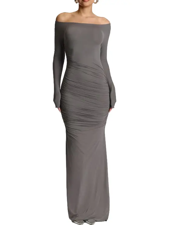 Naked Wardrobe Ruched Off The Shoulder Maxi Dress - Charcoal