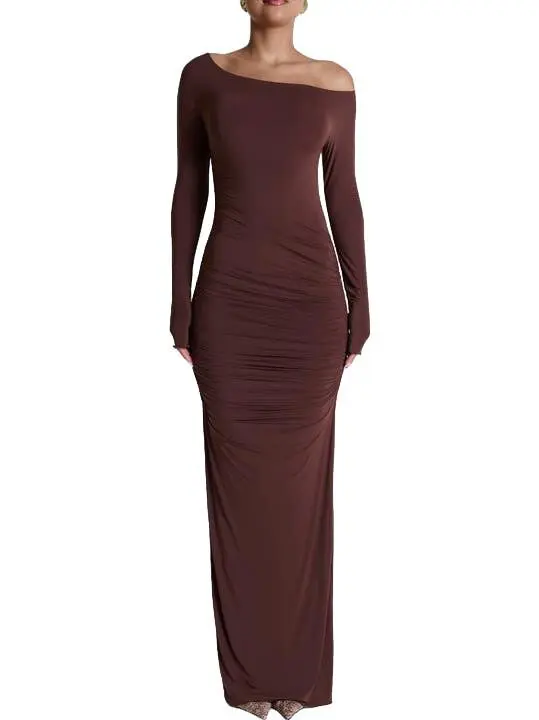 Naked Wardrobe Ruched Off The Shoulder Maxi Dress - Chocolate