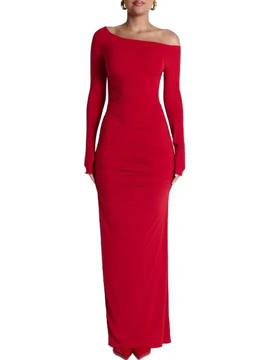 Naked Wardrobe Ruched Off The Shoulder Maxi Dress - Red