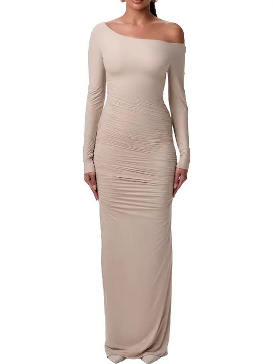 Naked Wardrobe Ruched Off The Shoulder Maxi Dress - Taupe
