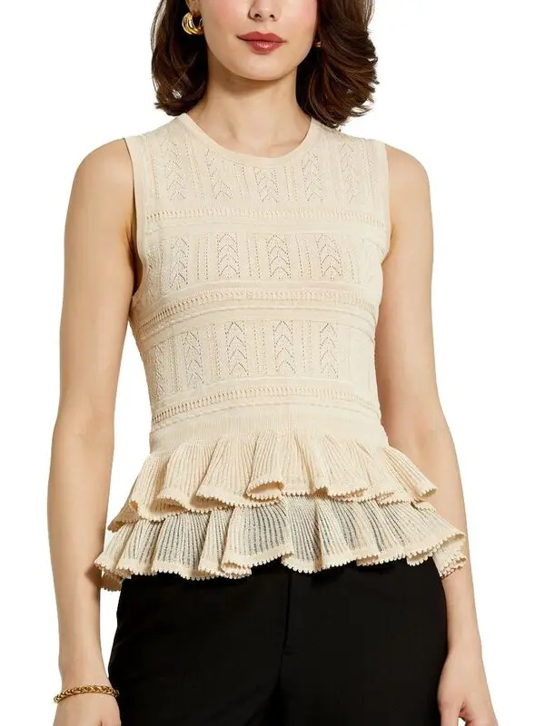 Mac Duggal Sleeveless Knit Top With Ruffle Hem - Oat