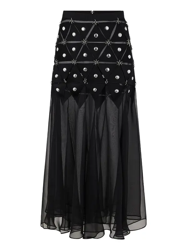 Rabanne Studded Cutout Mesh Midi Skirt - Black