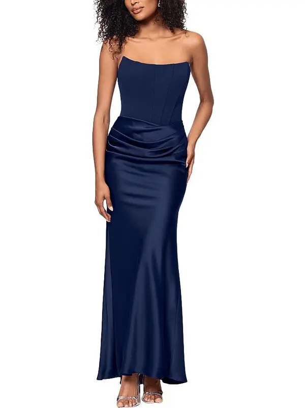 Aqua Long Scuba Strapless Gown - Navy