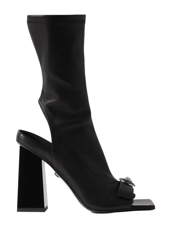 Versace Ribbon Embellished Leather Ankle Boots - Black