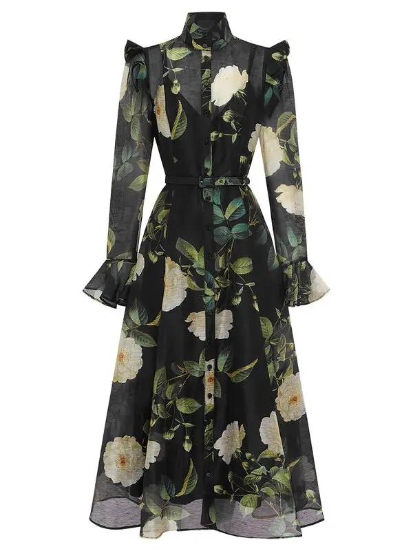 LEO LIN Katrina Floral-appliquéd Chiffon Midi Dress - Black