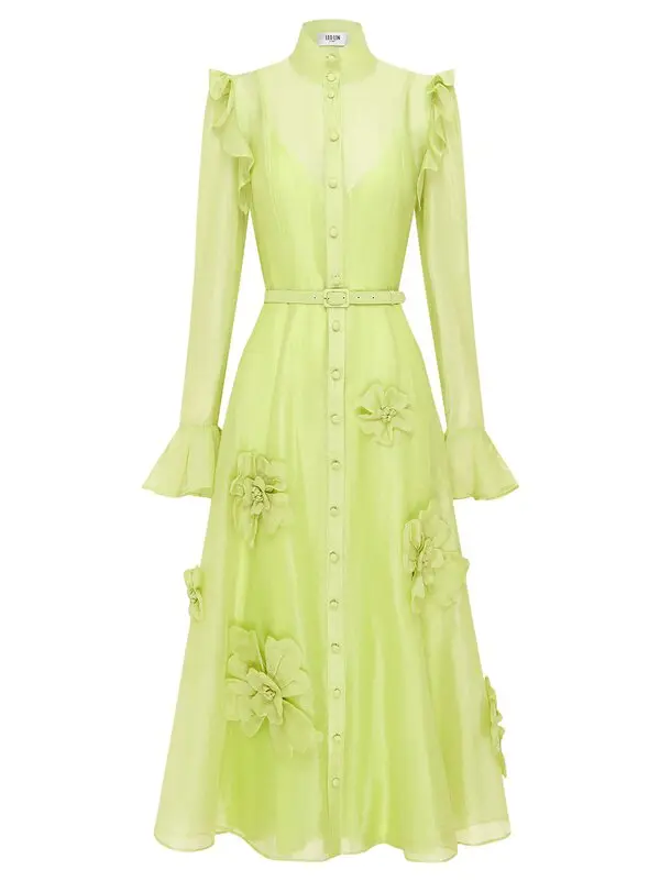 LEO LIN Katrina Floral-appliquéd Chiffon Midi Dress - Lime Green