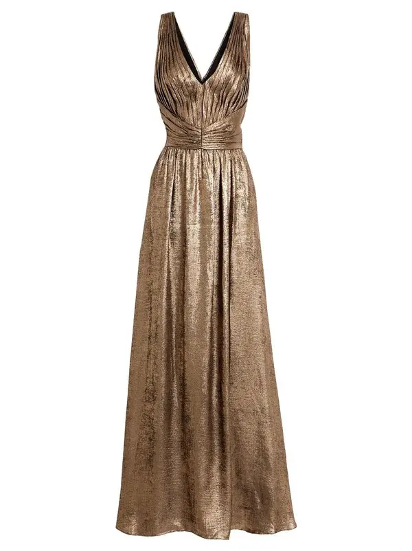Zac Posen Pleated Metallic Georgette Gown - Bronze