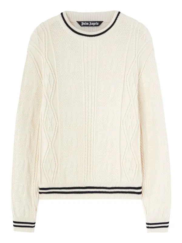 Palm Angels Curved-logo Cable-knit Sweater - White