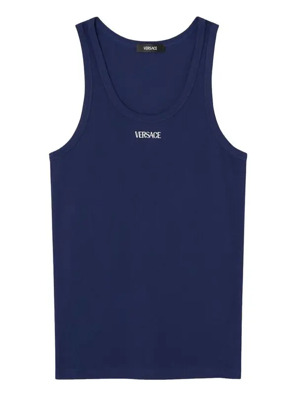 Versace Logo-embroidered Ribbed Tank Top - Blue