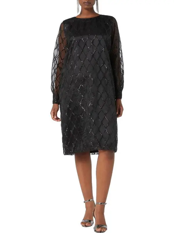 Marina Rinaldi Aderire Sequin Diamond Pattern Silk Dress - Black