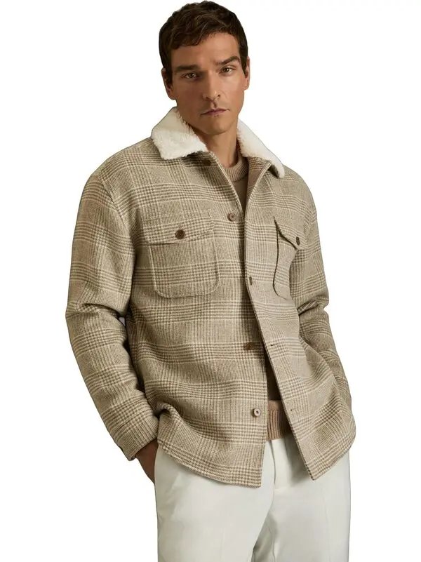 REISS Nix Wool-blend Borg-collar Check Overshirt - Oatmeal