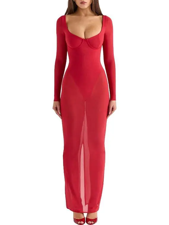 House Of Cb Everly Corset Long Sleeve Gown - Hauted Red