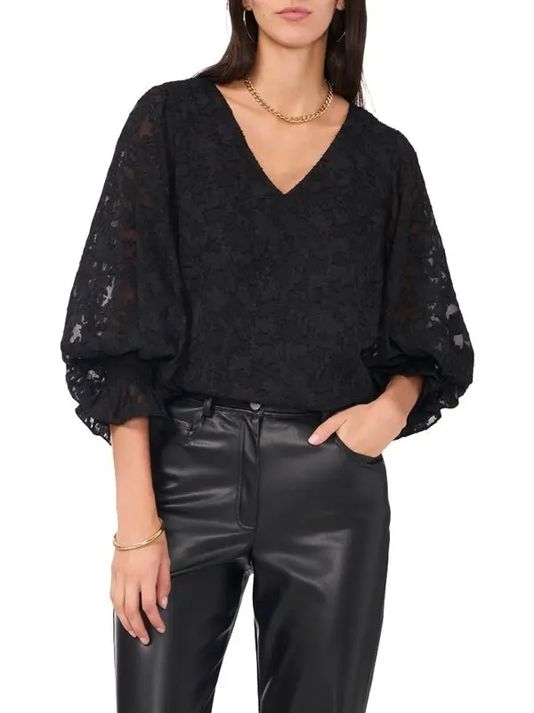 Vince Camuto Lace Shirred Cuff Top - Rich Black