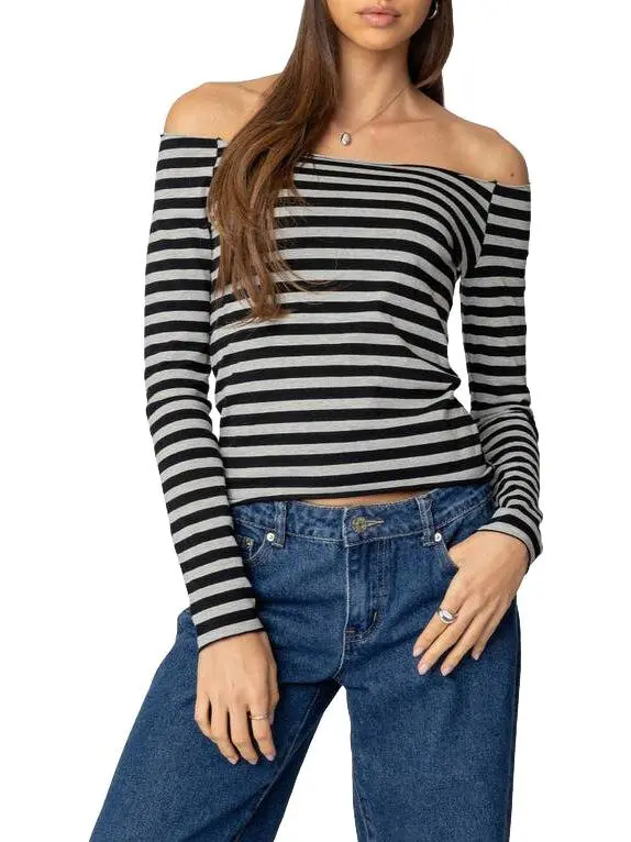 EDIKTED Nelligan Stripe Knit Top - Gray-melange