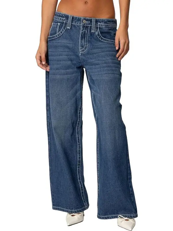 EDIKTED Contrast Stitch Wide Leg Jeans - Dark-blue-washed