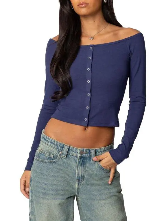 EDIKTED Off-the-shoulder Long Sleeve Snap-up Top - Navy