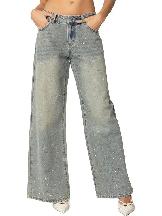 EDIKTED Low Rise Rhinestone Wide Leg Jeans - Gray
