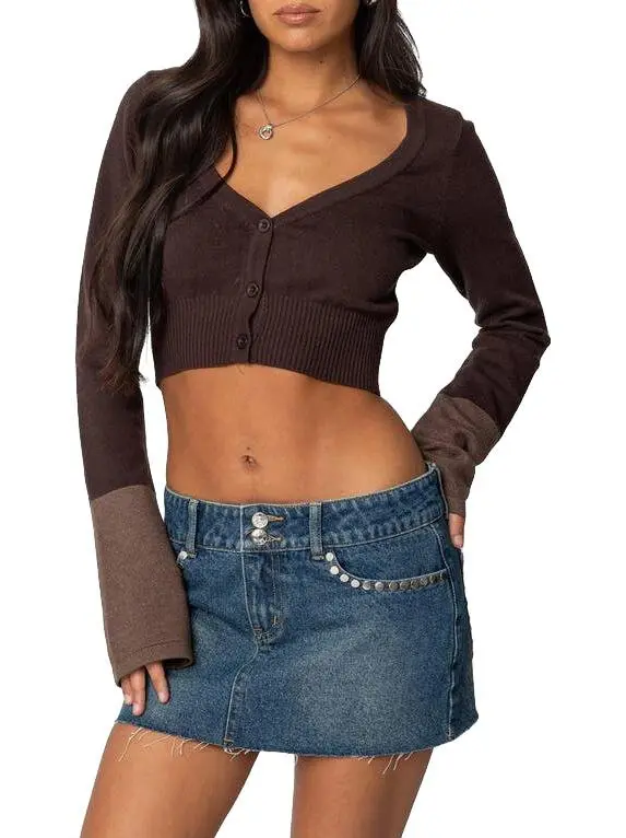 EDIKTED Colorblock Crop Cardigan - Brown