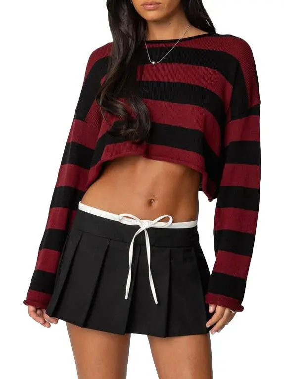 EDIKTED Shyrah Stripe Oversize Knit Crop Top - Burgundy-and-black