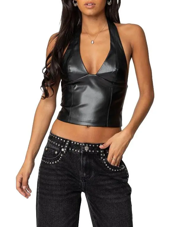 EDIKTED Tana Faux Leather Halter Top - Black