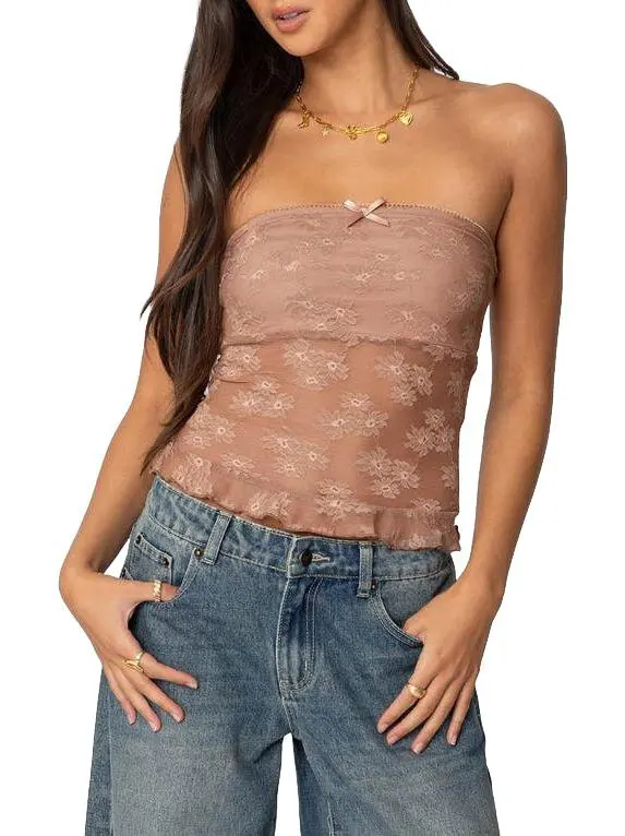 EDIKTED Ballet Floral Lace Crop Tube Top - Brown