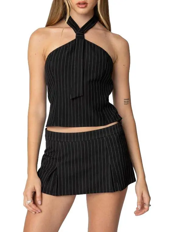 EDIKTED Karine Pinstripe Tie Halter Top - Black