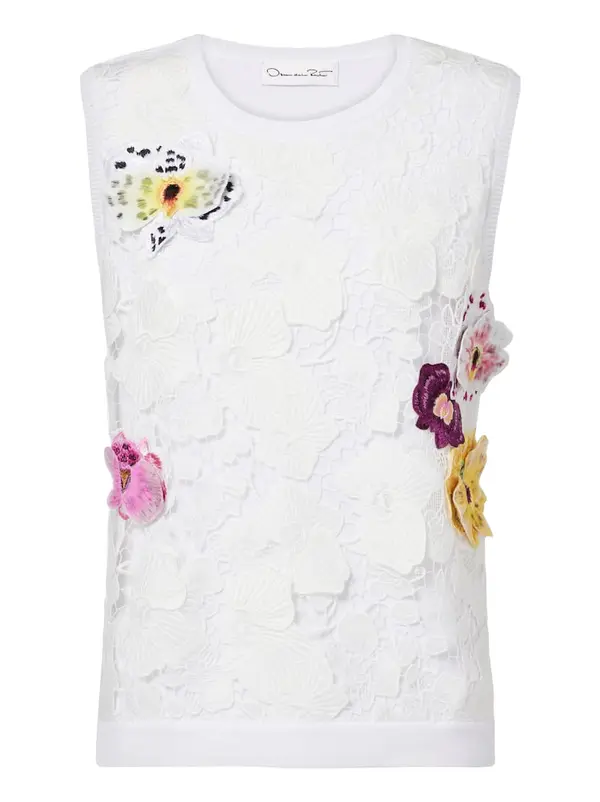Oscar De La Renta Lace-trimmed Floral-appliqué Top - Multicoloured