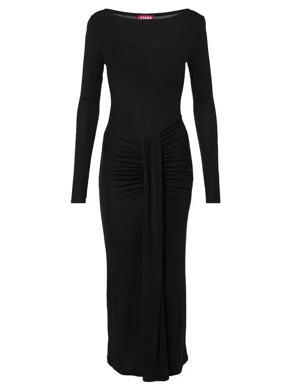 Staud Ruched Jersey Midi Dress - Black