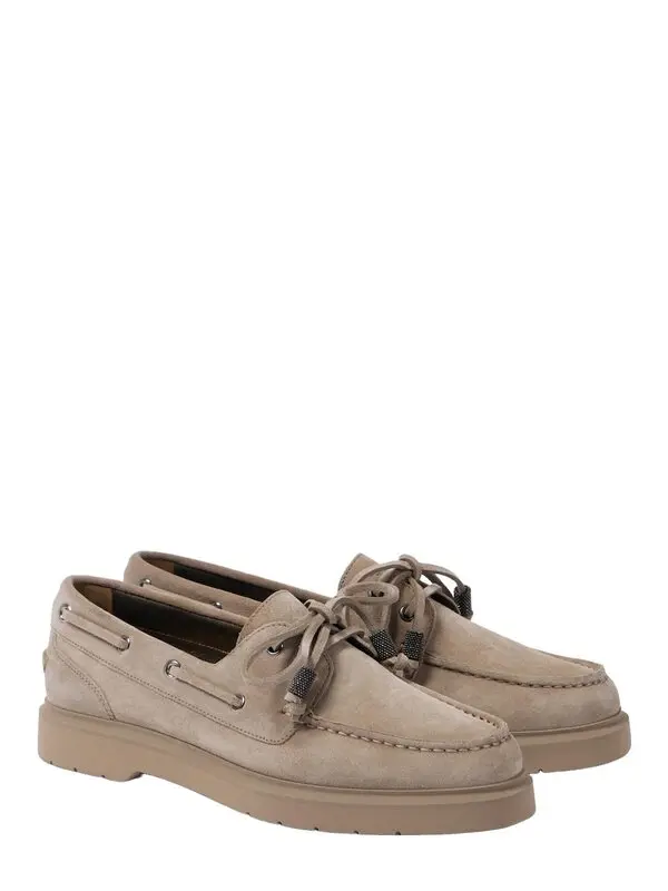 Brunello Cucinelli Monili Suede Boat Shoes - Beige