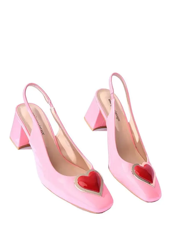 Unique Vintage Heart Leatherette Slingback Heels - Pink