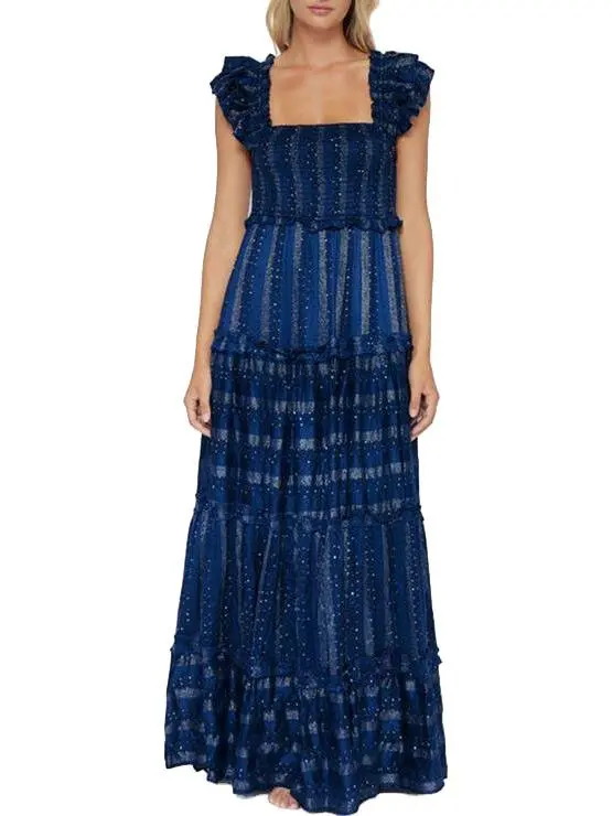 PQ Victoria Metallic Tiered Maxi Dress - Blue