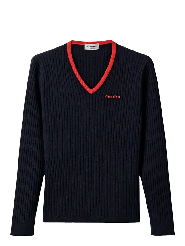 Miu Miu Ribbed V-neck Cashmere Sweater - F059f Blu Rosso