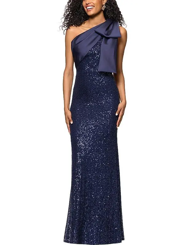 Aqua Long Sequinned Bow Dress - Navy
