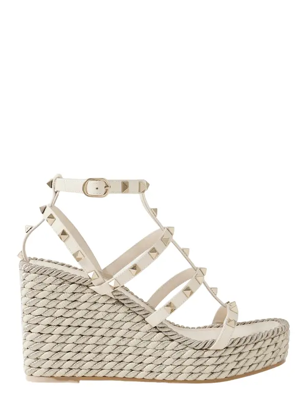 Valentino Garavani Rockstud Torchon 105 Leather Espadrille Wedge Sandals - Ivory