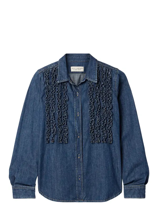 NILI LOTAN Lexa Ruffled Denim Shirt - Blue