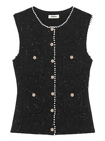 Sandro Tweed Waistcoat With Faux-pearl Trim - Black