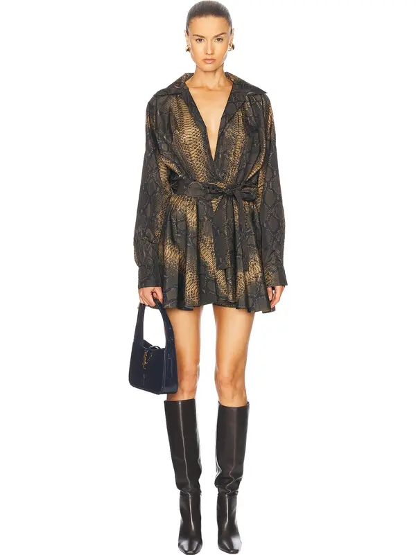 Norma Kamali Super Oversized Boyfriend Shirt Flared Mini Dress - Python