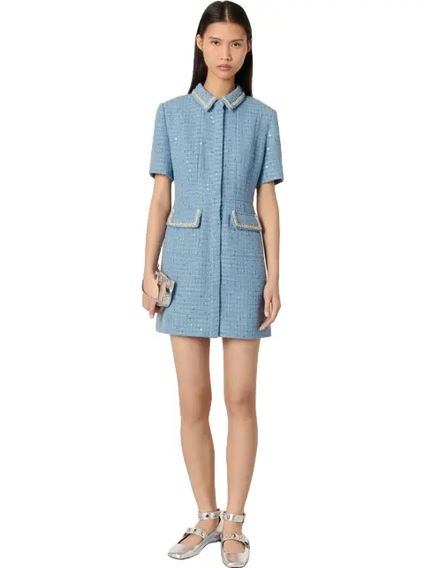 Maje Sequin Tweed Mini Dress - Blue
