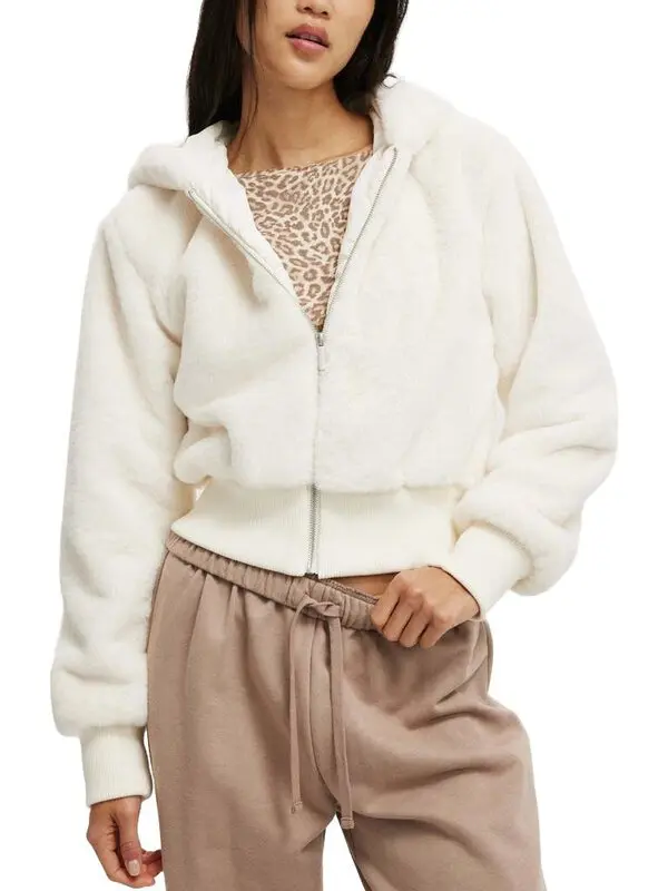 COTTON ON Teddy Hooded Jacket - Creme Fraiche