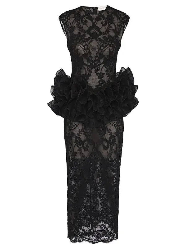 Zimmermann Ruffled Lace Peplum Midi Dress - Black
