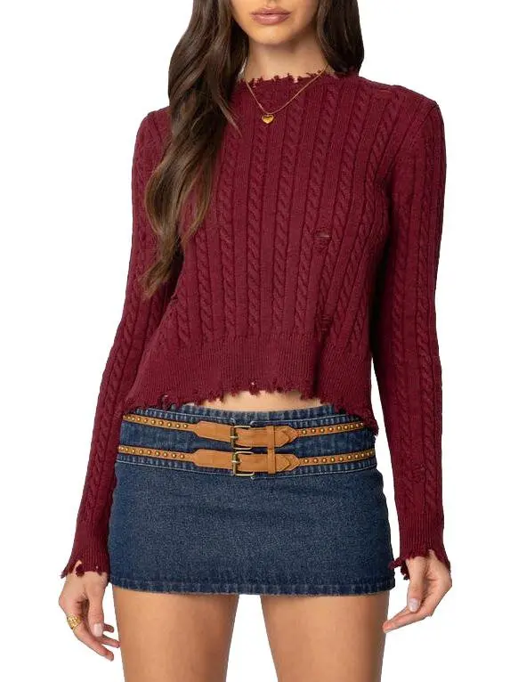 EDIKTED Split Back Cable Stitch Crewneck Sweater - Burgundy