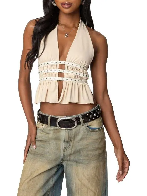 EDIKTED Studded Halter Top - Cream