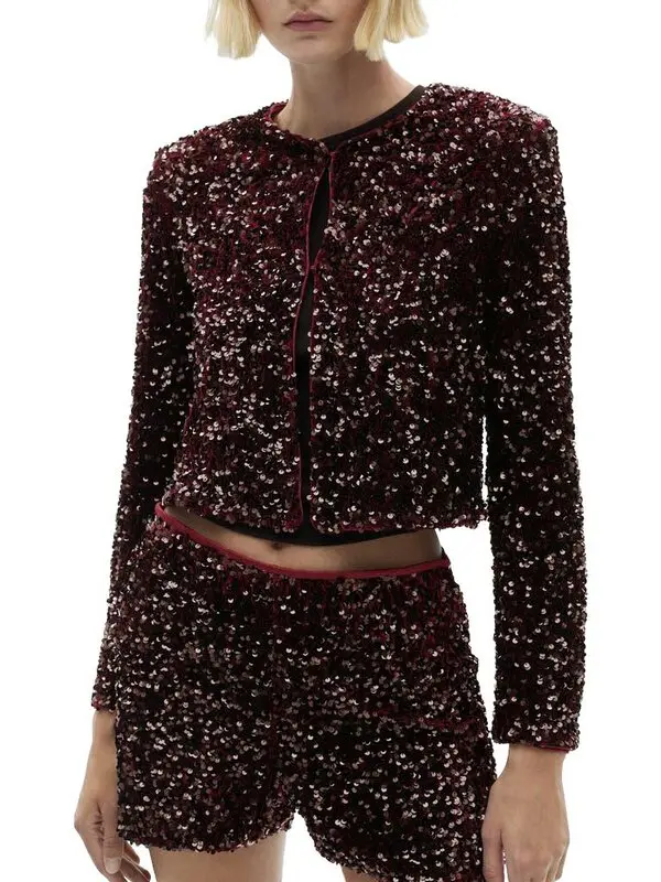 Mango Crop Velvet Sequin Jacket - Burgundy