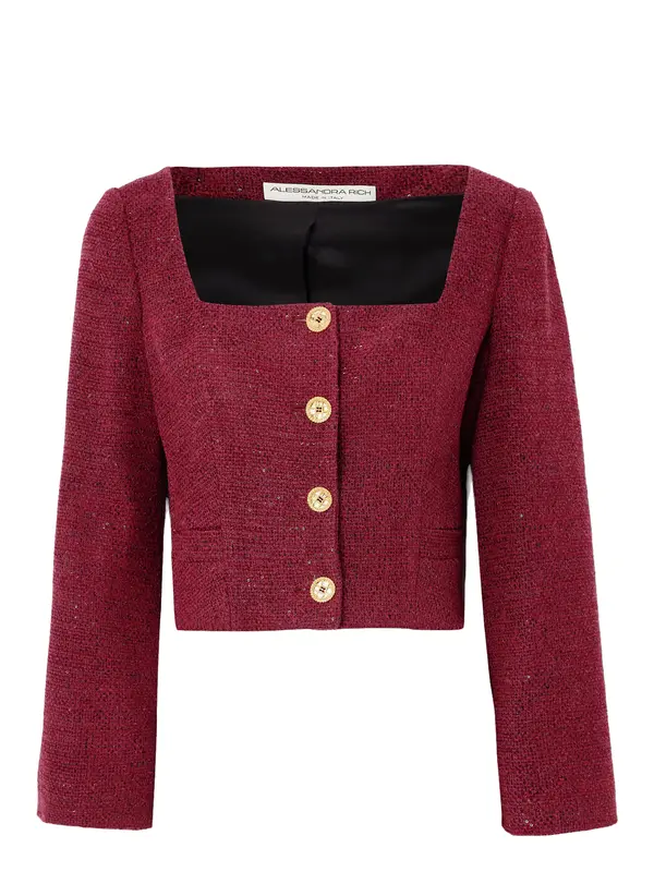 Alessandra Rich Cropped Sequin-embellished Tweed Jacket - Red