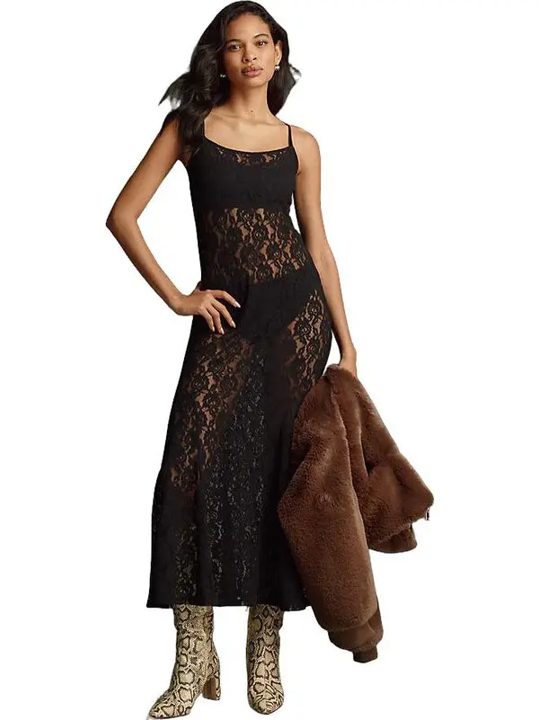 Anthropologie Lace Godet Maxi Slip Dress - Black Onyx
