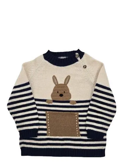 MELANGE COLLECTION Kangaroo Sweater - Navy/ Brown And Ivory