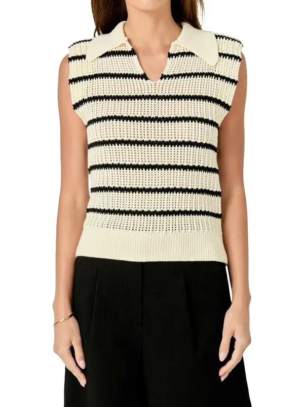 English Factory Stripe Open Stitch Collar Sweater Vest - Cream/black